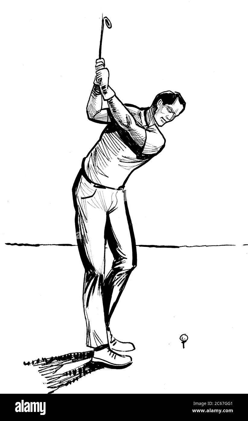 Man playing golf. Ink black and white drawing of a man playing golf ...
