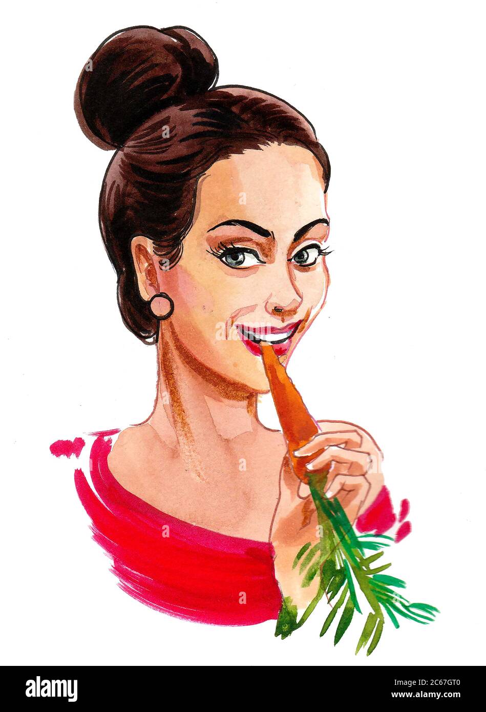 Pretty woman eating a carrot. Ink and watercolor drawing Stock Photo ...