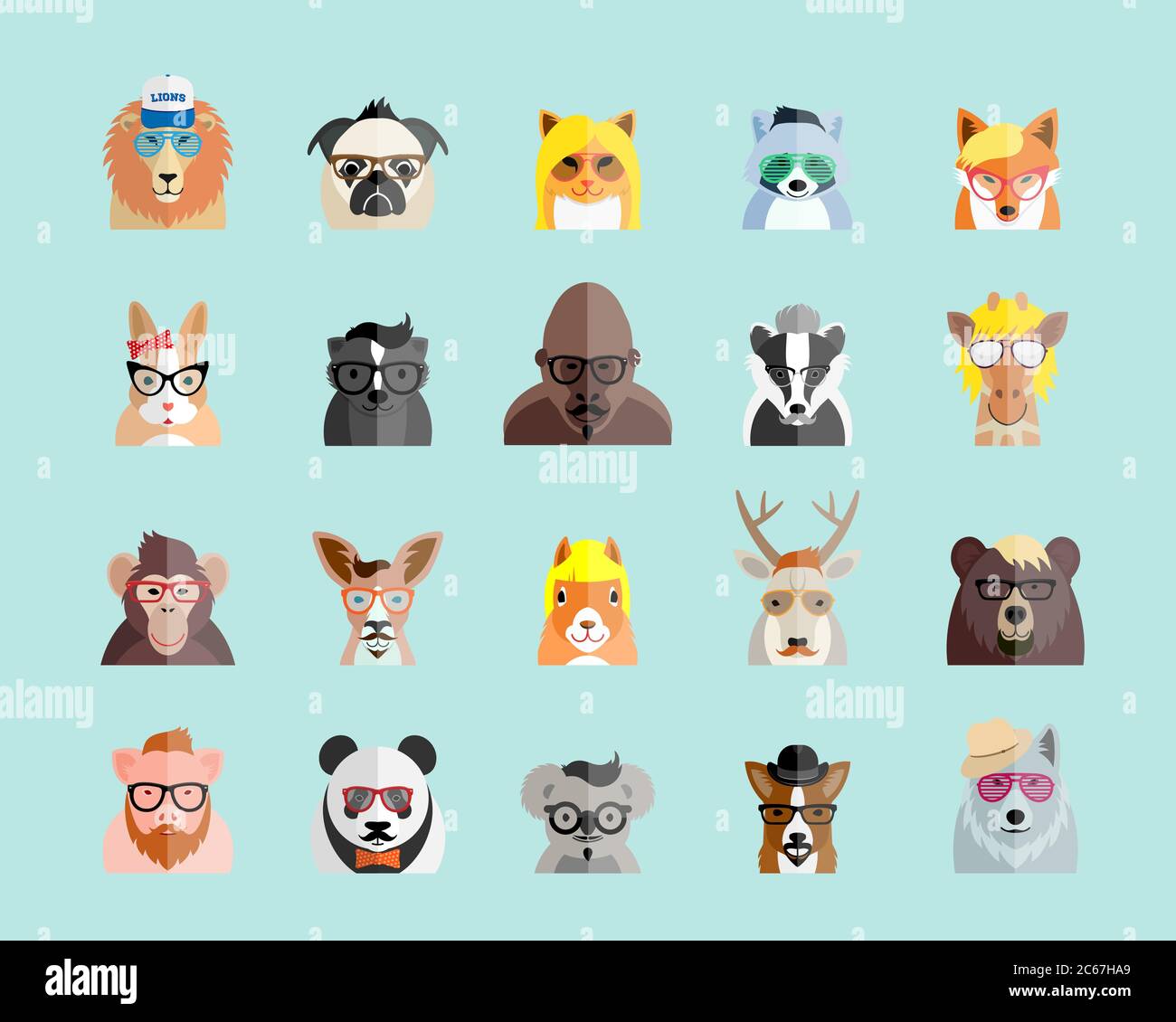 Flat Style Hipster Animals Avatar Vector Portraits or Icon Set for ...