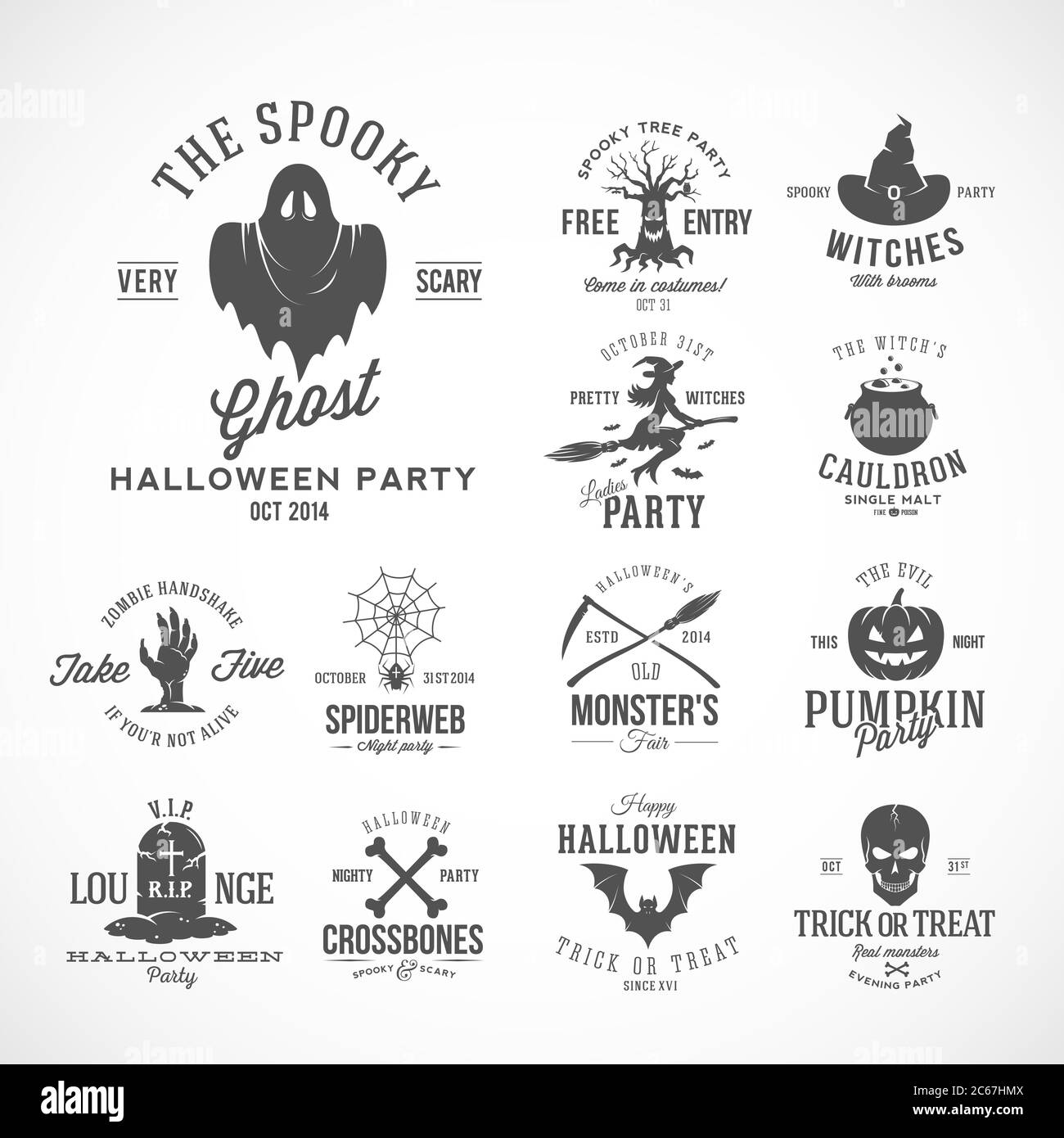 Vintage Halloween Vector Badges or Labels Templates. Witch, Ghost ...