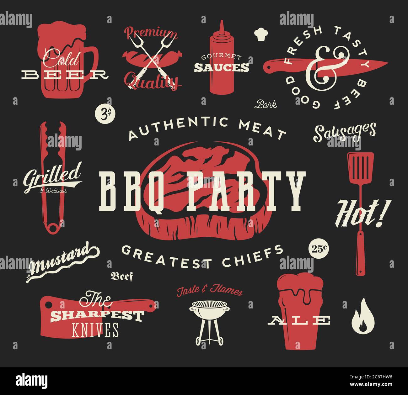Barbecue Party Vector Retro Symbol Set. Meat and Beer Icon Typography ...