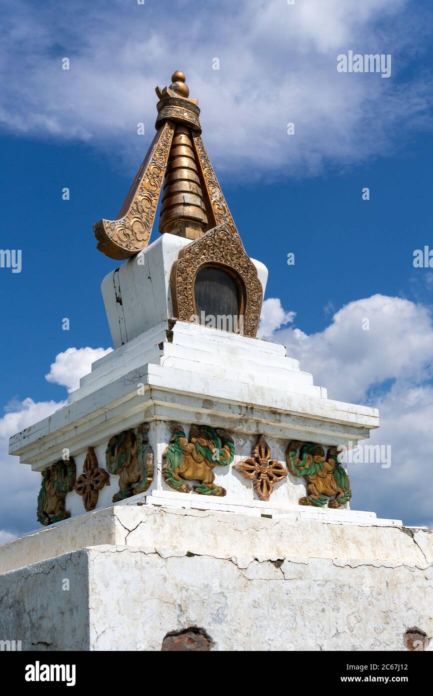 Stupa of the Mongolian steppe against the sky. Buddhist structure ...