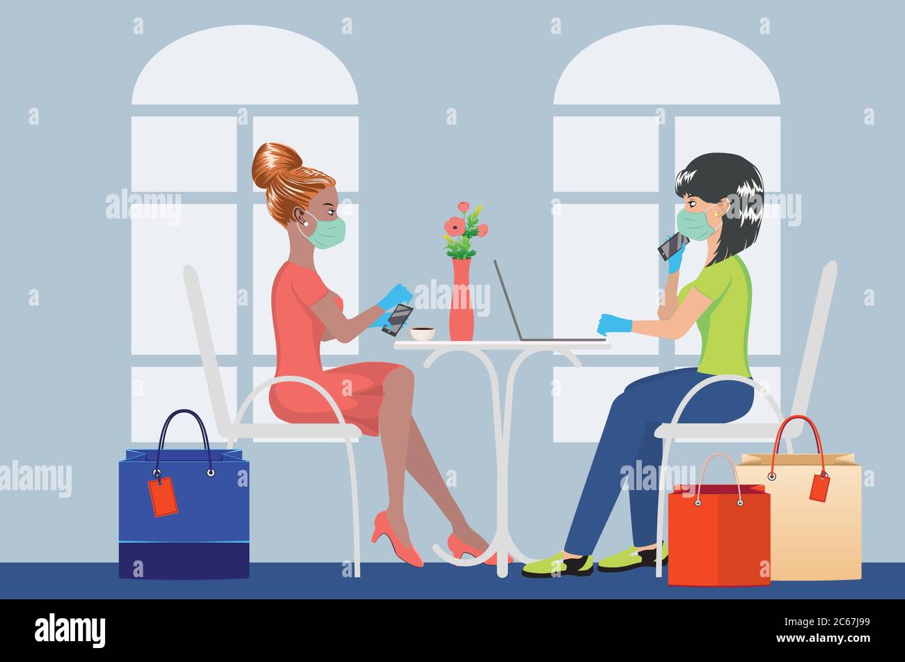 Cartoon women in mask with shopping bags working on laptop in cafe ...