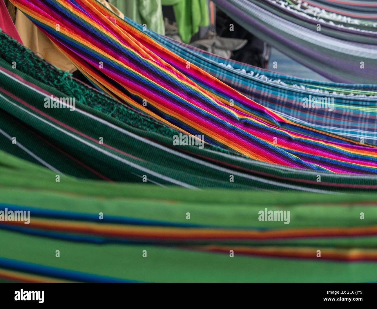 Amazon River, Peru. Beautiful, colorful hammocks on the cargo boat ...