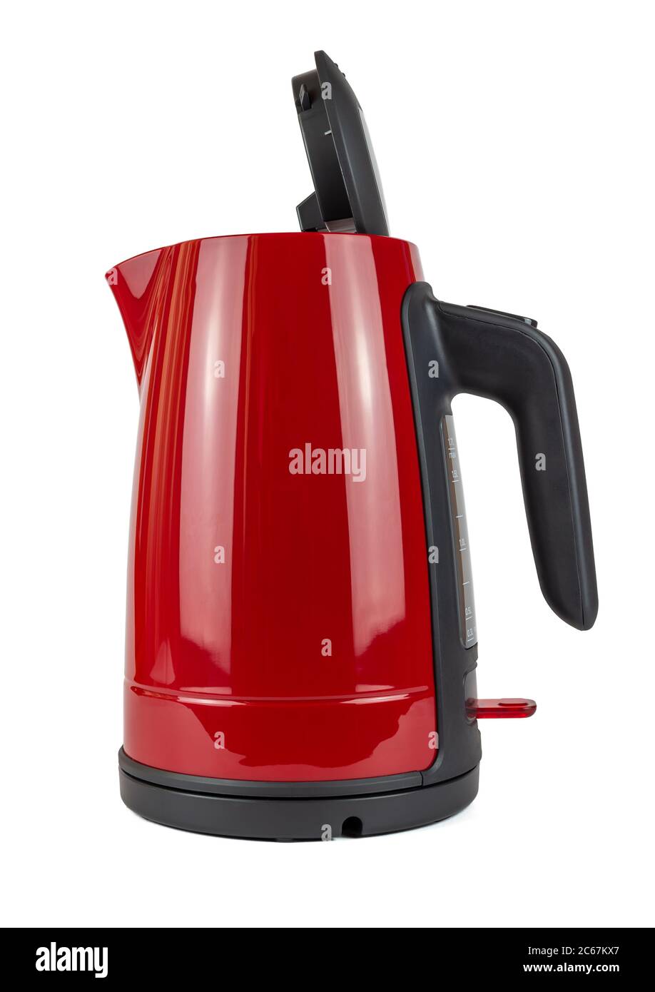 Side view of red and black kettle with open lid isolated on white ...