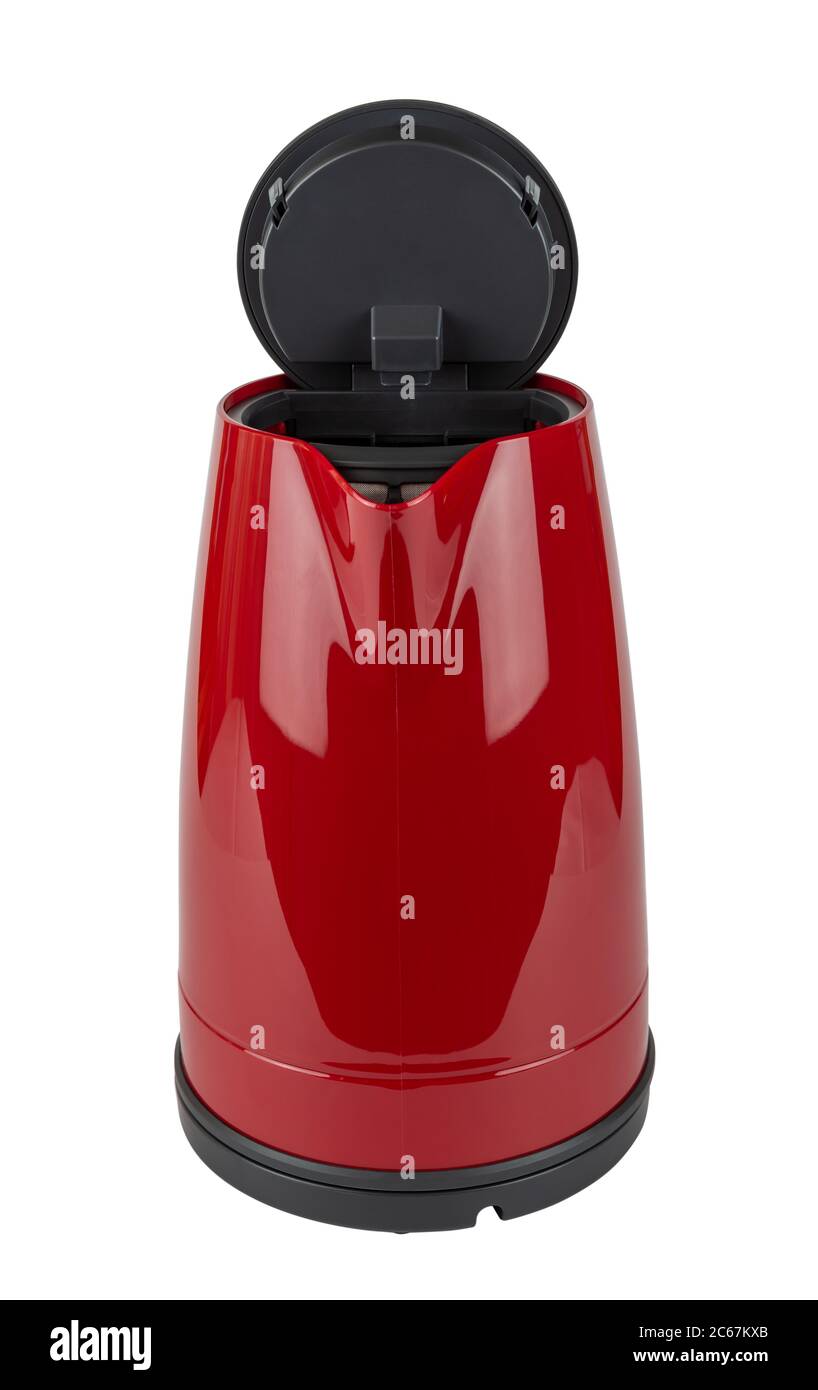 Front view of red and black kettle with open lid isolated on white ...
