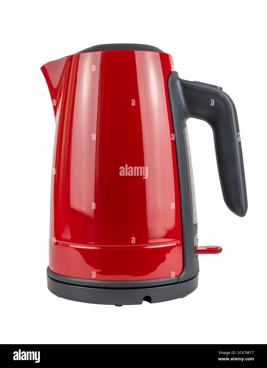 Side view of red and black kettle with closed lid isolated on white ...