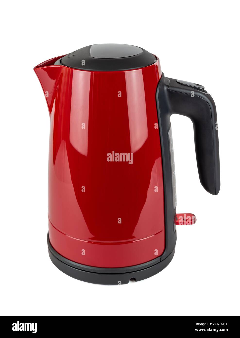 Side view of red and black kettle with closed lid isolated on white ...