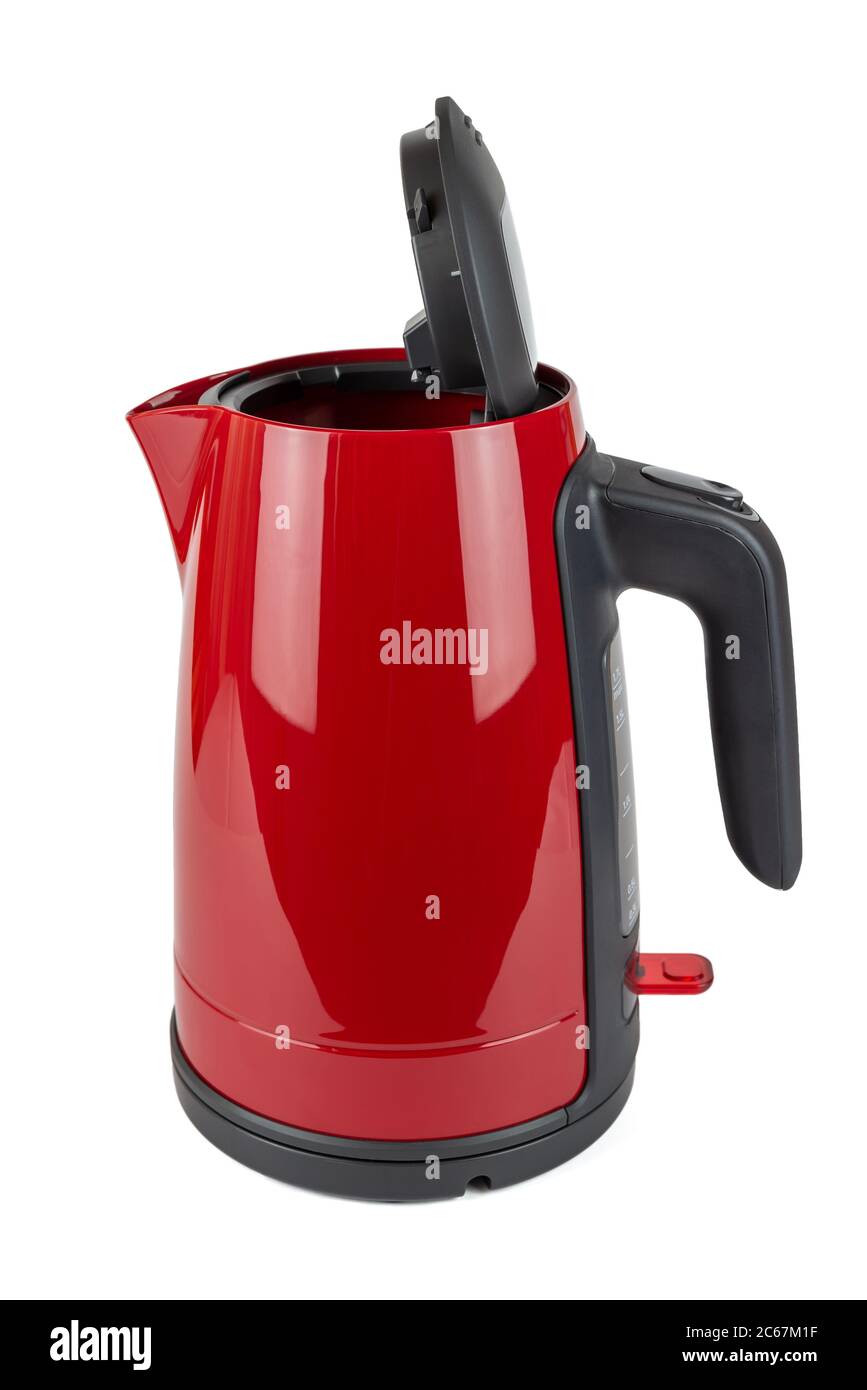Side view of red and black kettle with open lid isolated on white ...