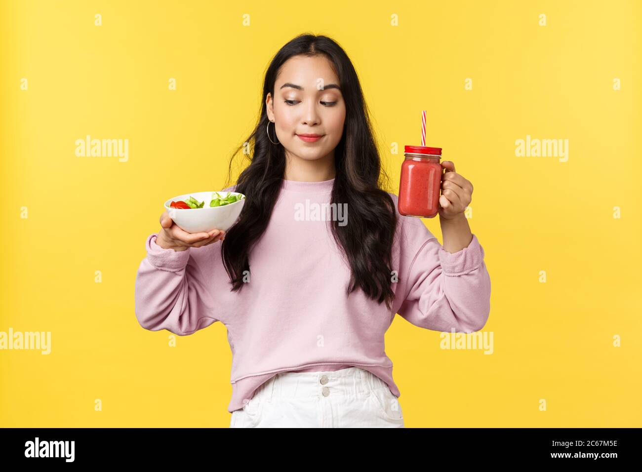 People emotions, healthy lifestyle and food concept. Cute smiling asian ...