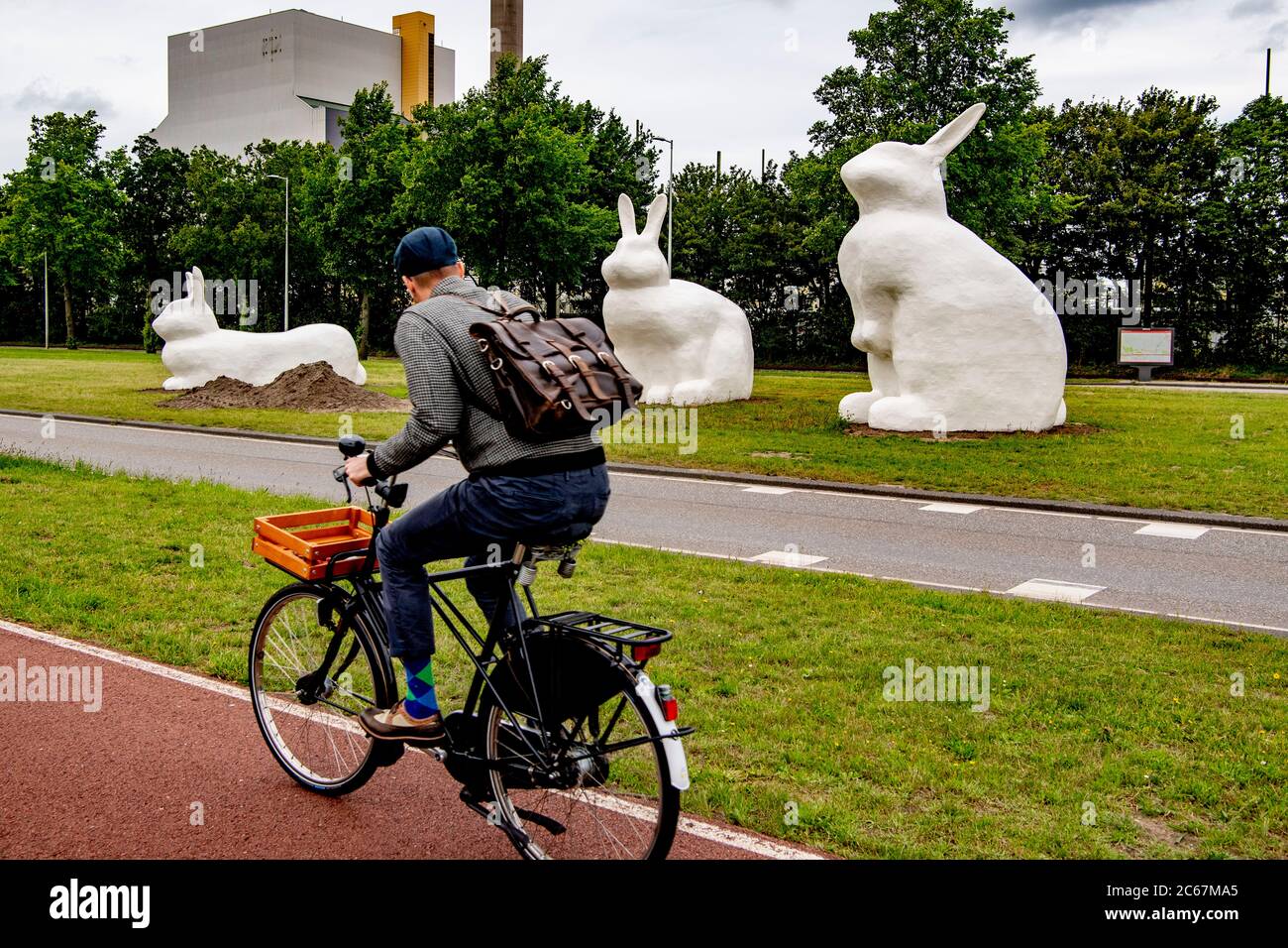 A cyclist rides past the three giant rabbit statues (Berm Bunnies ...