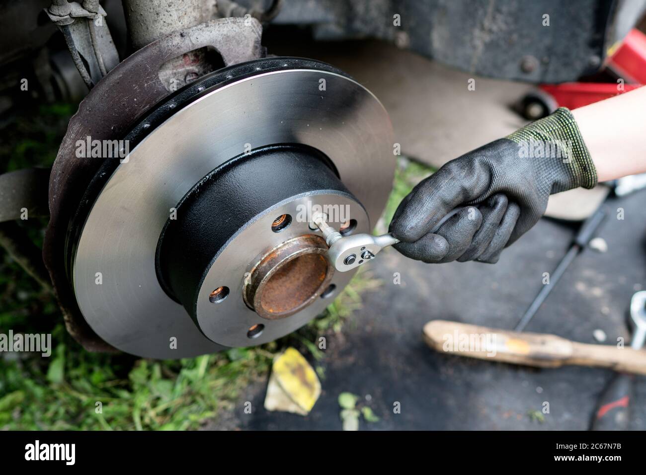 Repairing of car disc brake system Stock Photo - Alamy