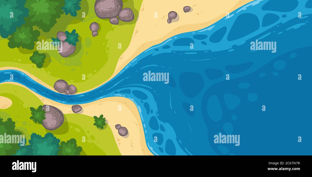 River flow into sea or pond top view, cartoon narrow riverbed going to ...