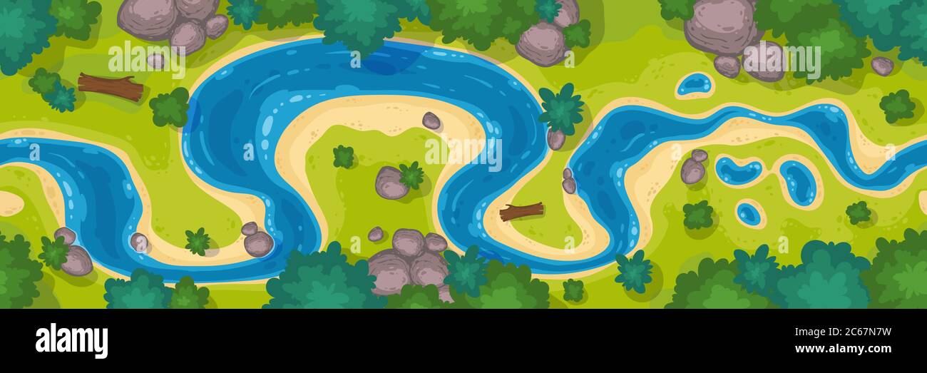 River top view, cartoon curve riverbed with blue water, coastline with ...