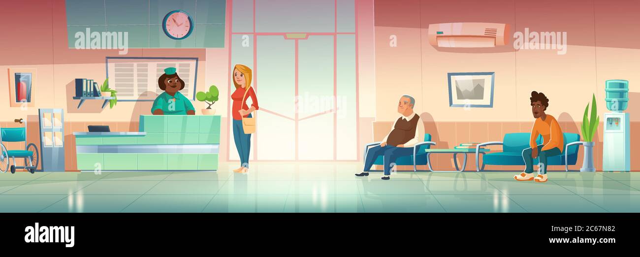 People in hospital hallway, clinic hall interior with receptionist on ...