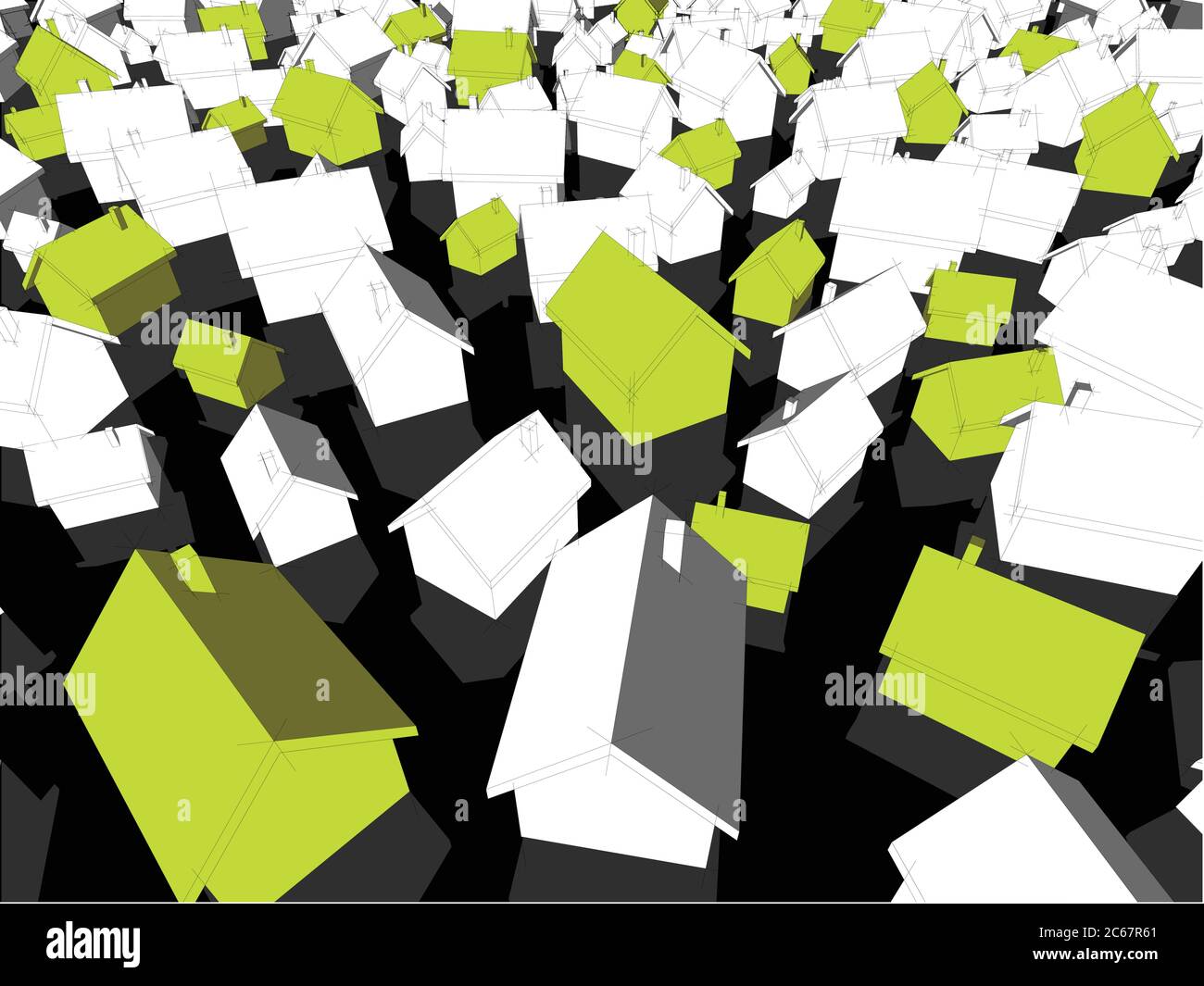 many white detached houses of different sizes standing chaotically on ...