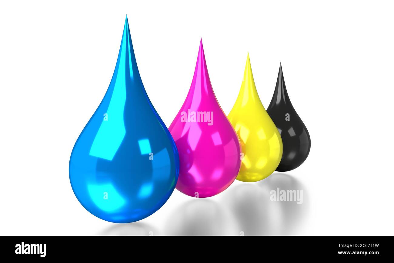 CMYK colors, drops - cyan, magenta, yellow, black - 3D illustration ...