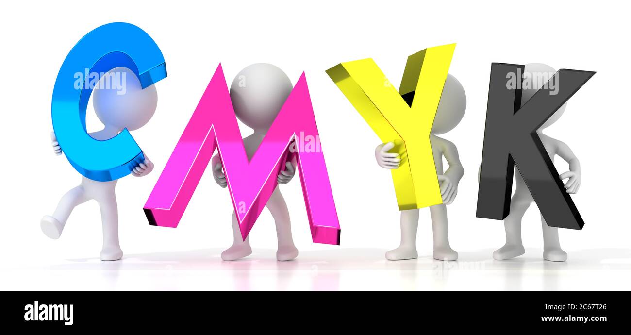 CMYK concept, cartoon characters - cyan, magenta, yellow, black - 3D ...