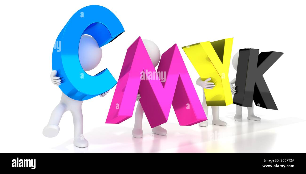 CMYK concept, cartoon characters - cyan, magenta, yellow, black - 3D ...