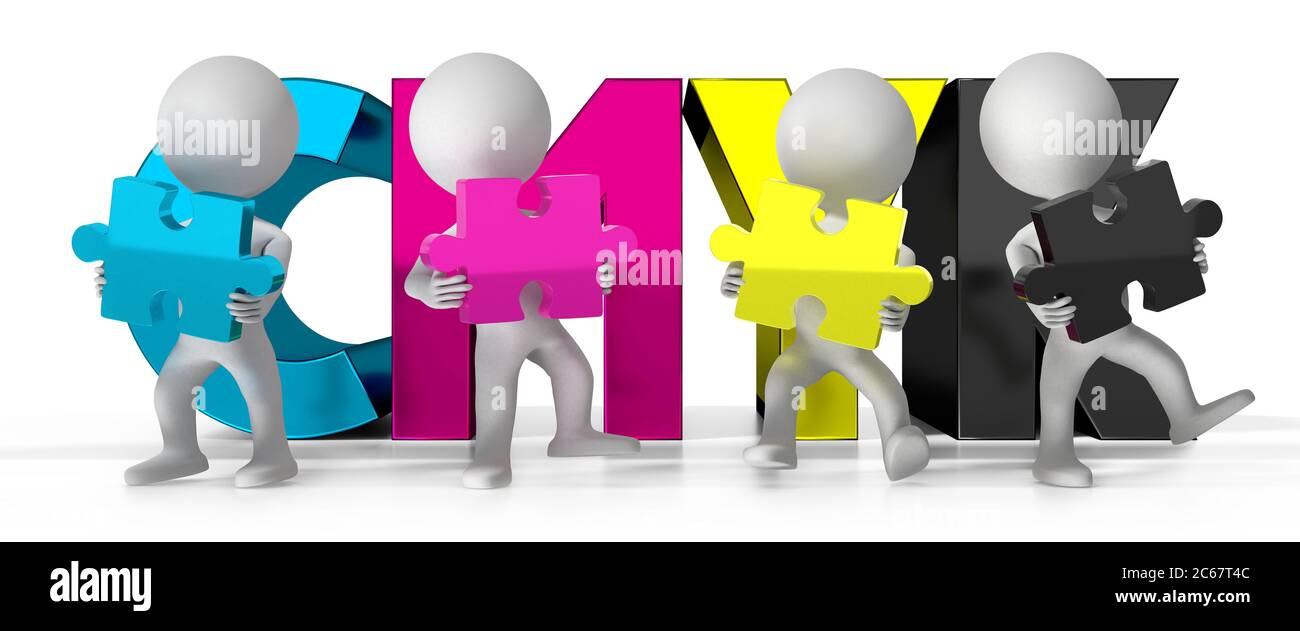 CMYK concept, cartoon characters - cyan, magenta, yellow, black - 3D ...