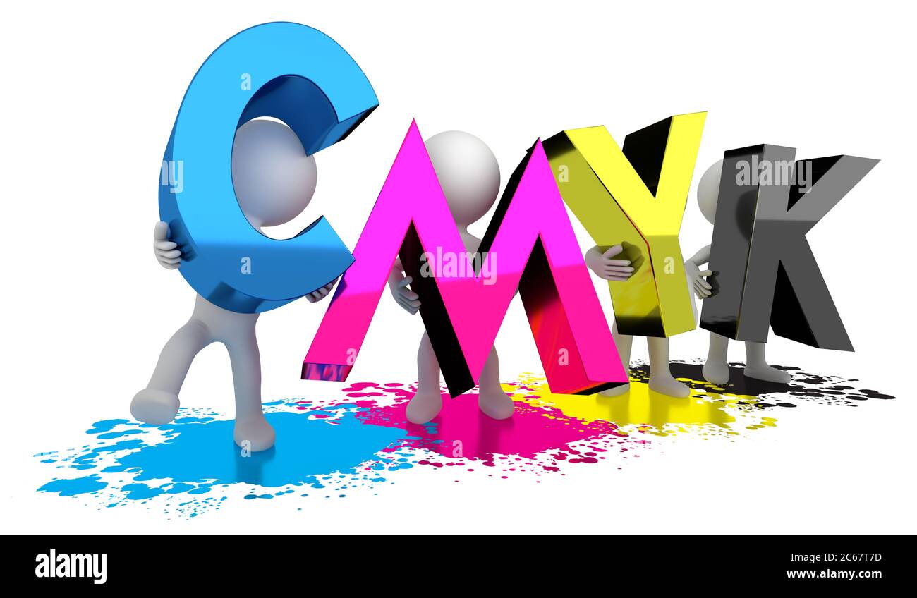 CMYK concept, cartoon characters - cyan, magenta, yellow, black - 3D ...