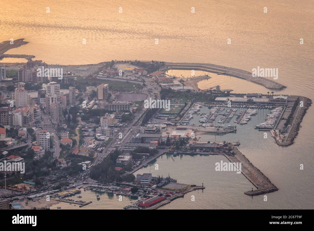 Aerial view with Kaslik and Jounieh cities from statue in Our Lady of ...