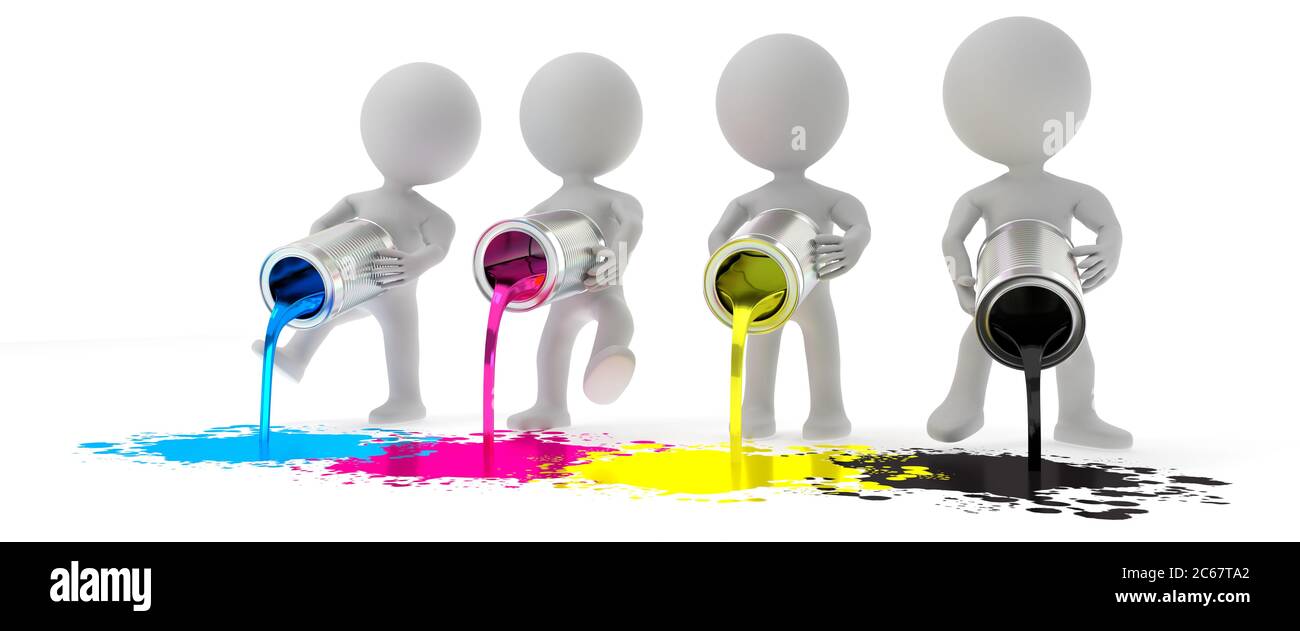 CMYK concept, cartoon characters - cyan, magenta, yellow, black - 3D ...