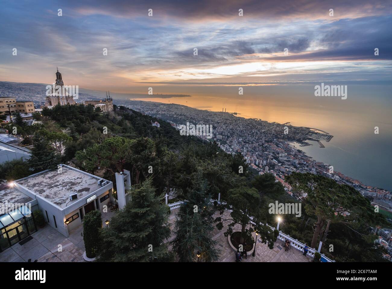 Aerial view from large statue in Our Lady of Lebanon Marian shrine and ...