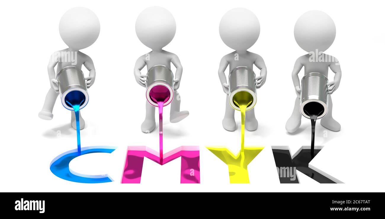 CMYK concept, cartoon characters - cyan, magenta, yellow, black - 3D ...