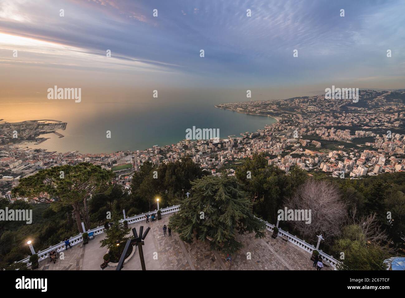 Aerial view from large statue in Our Lady of Lebanon Marian shrine and ...