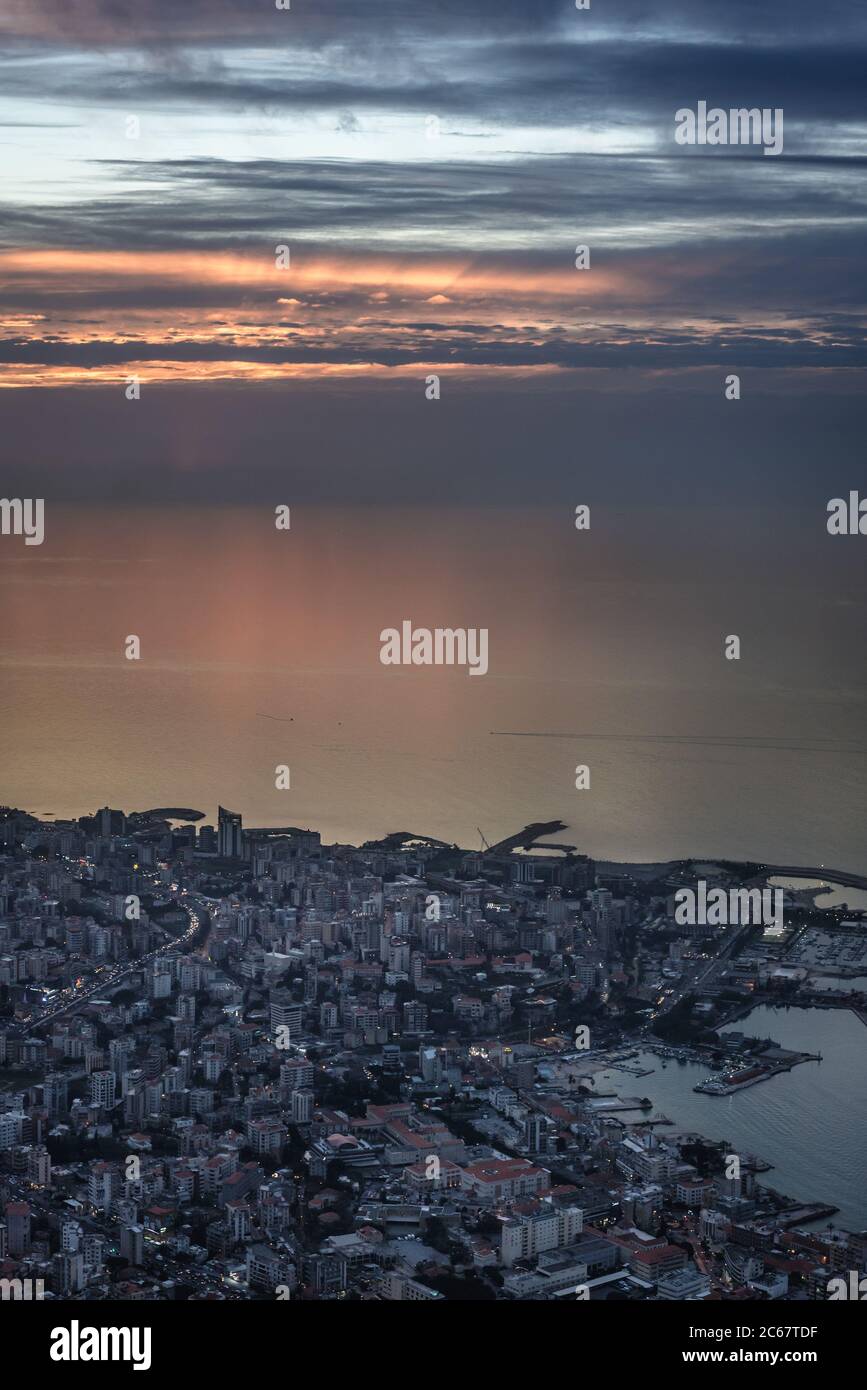 Aerial view with Kaslik and Jounieh cities from statue in Our Lady of ...