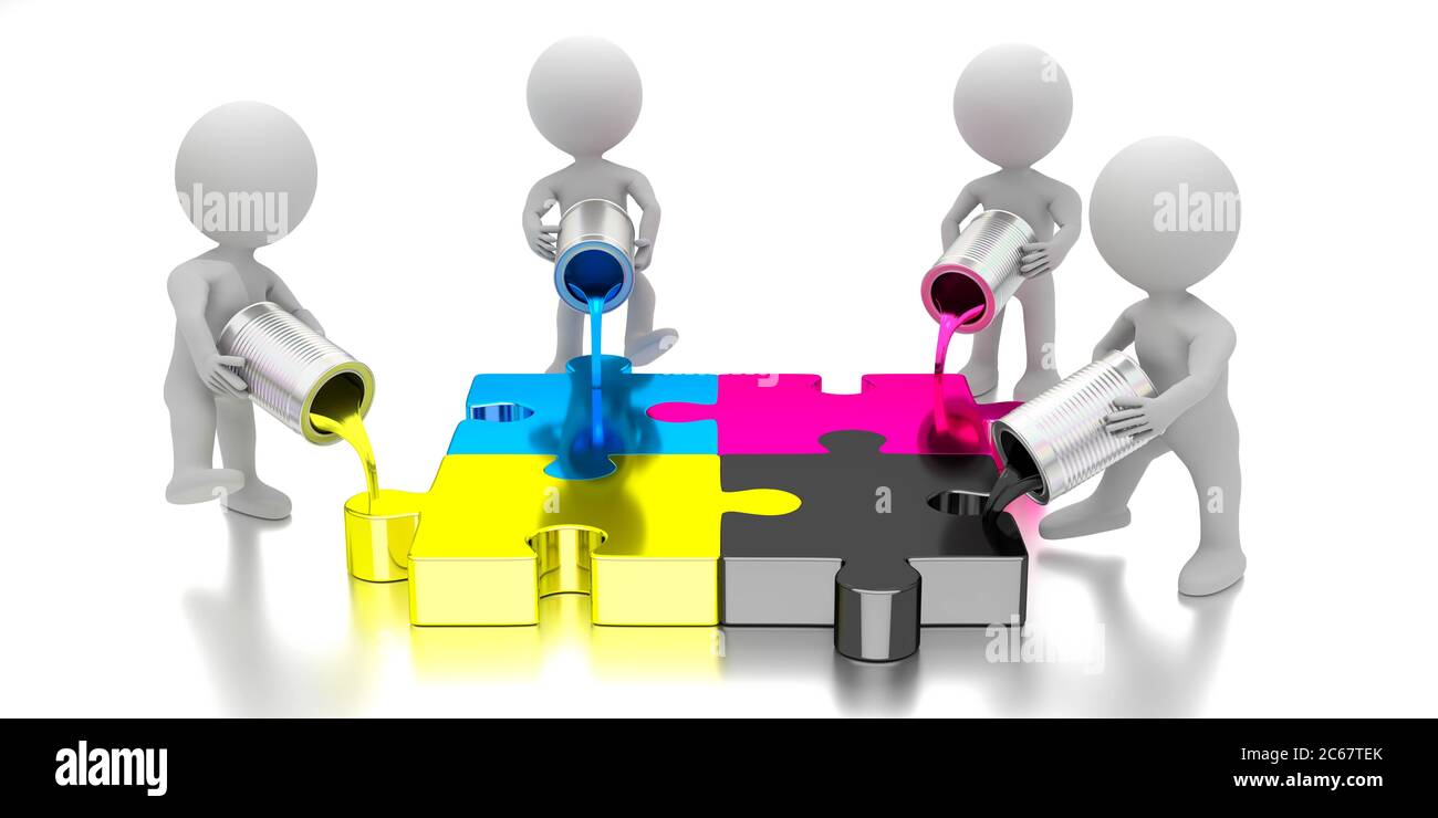 CMYK concept, cartoon characters - cyan, magenta, yellow, black - 3D ...