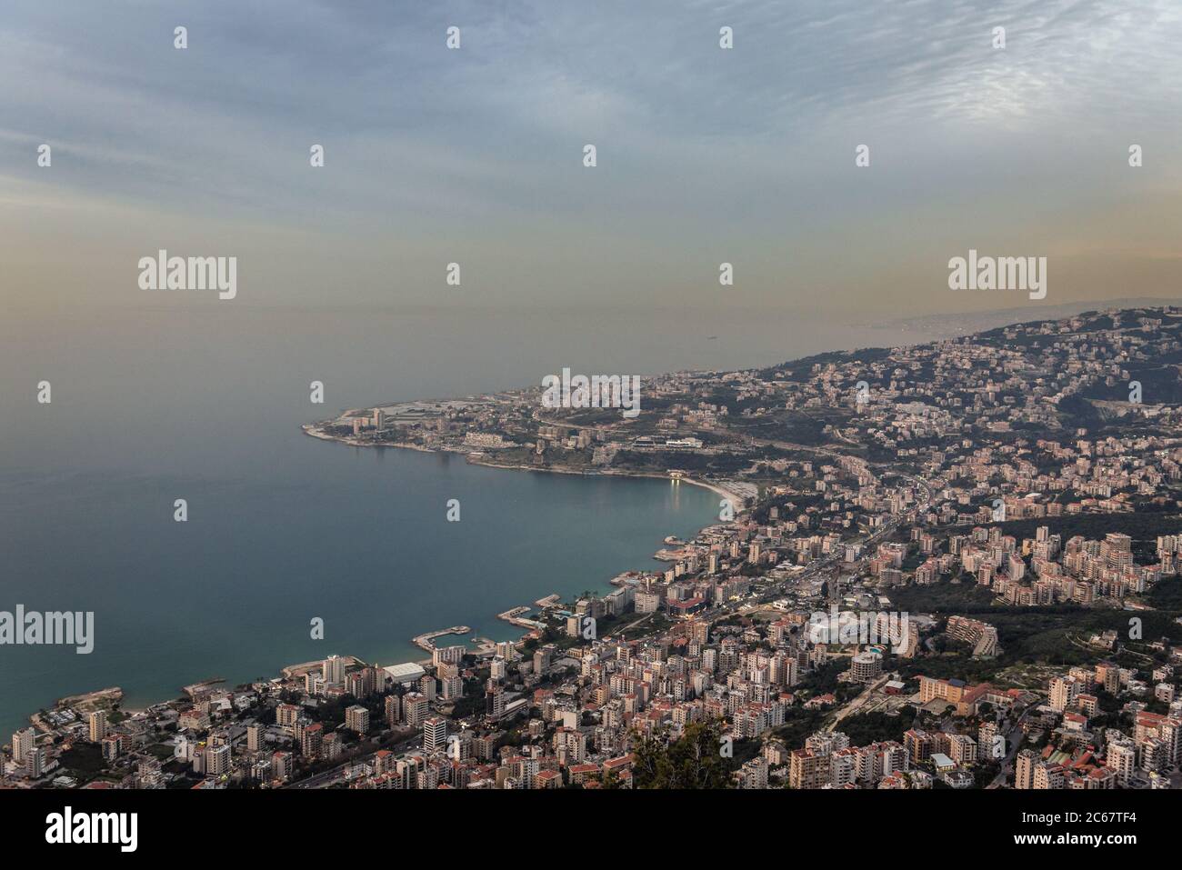 Aerial view on Jounieh city and bay and Tabarja city from statue in Our ...