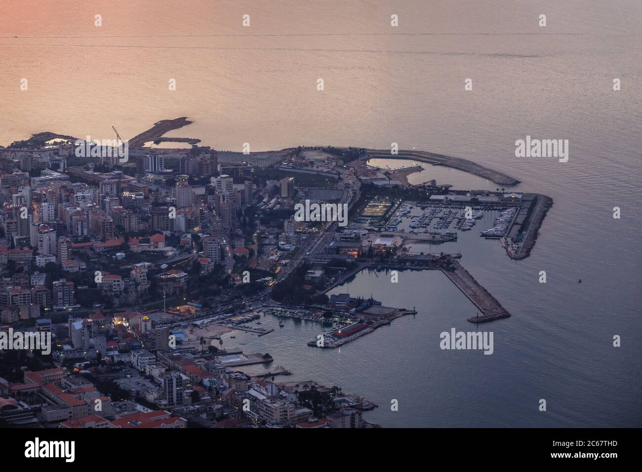Aerial view with Kaslik and Jounieh cities from statue in Our Lady of ...
