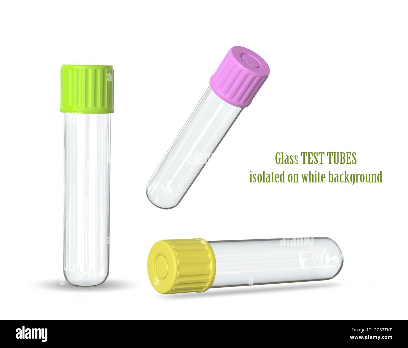 Set. Three glass test tubes with multi-colored plastic caps. Isolated ...