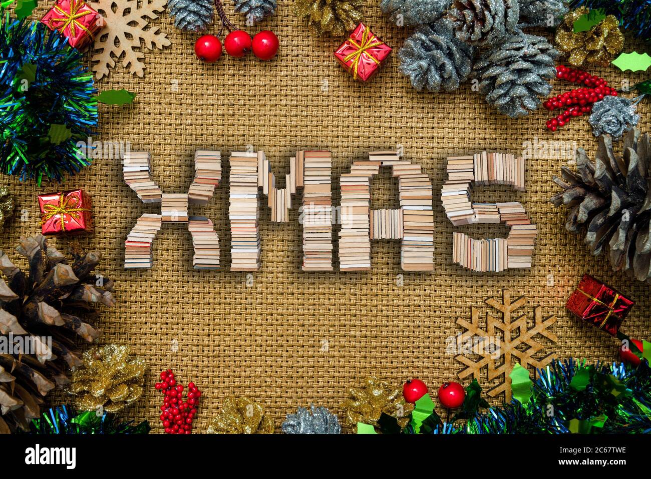 Xmas text and Christmas background still life. Holiday banner Stock ...