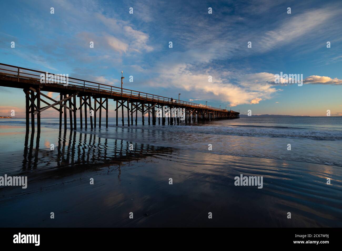 Silhouette of Goleta Beach Pier at dusk, California, USA Stock Photo ...