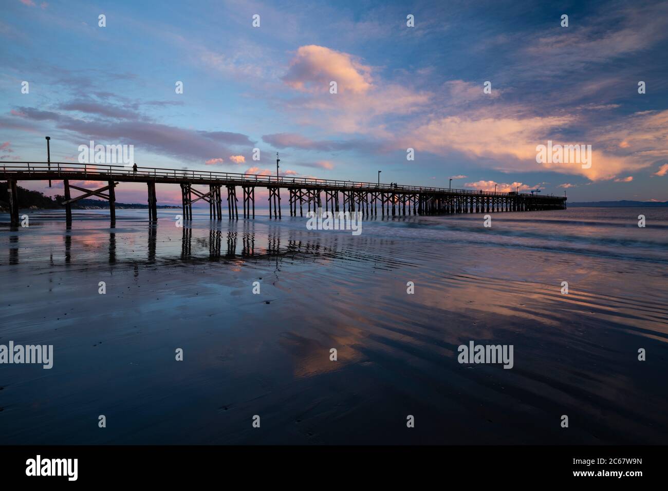 Silhouette of Goleta Beach Pier at dusk, California, USA Stock Photo ...
