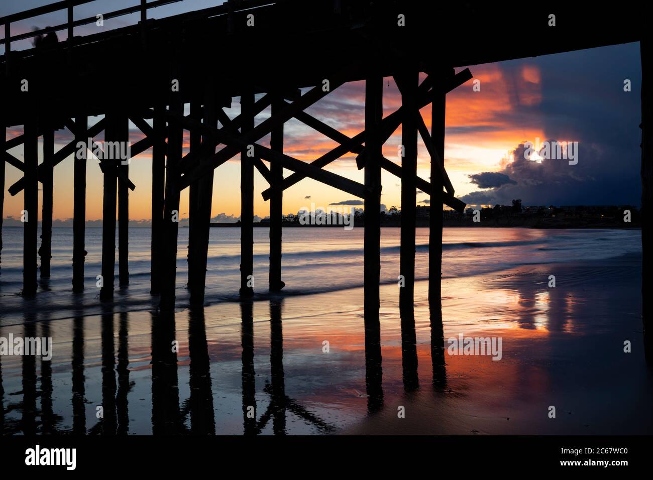 Silhouette of Goleta Beach Pier at sunset, California, USA Stock Photo ...