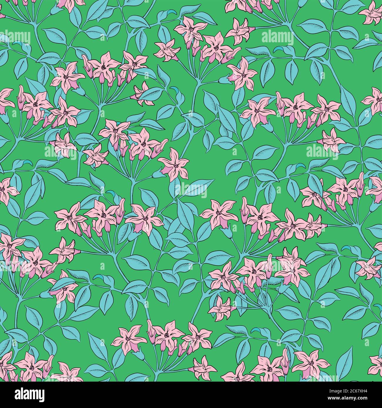 Vector retro style pink Jasmine floral seamless repeat pattern. green background Stock Vector ...