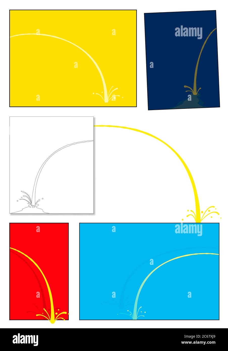 Comic pee set. Urine stream collection in colored frames - illustration ...