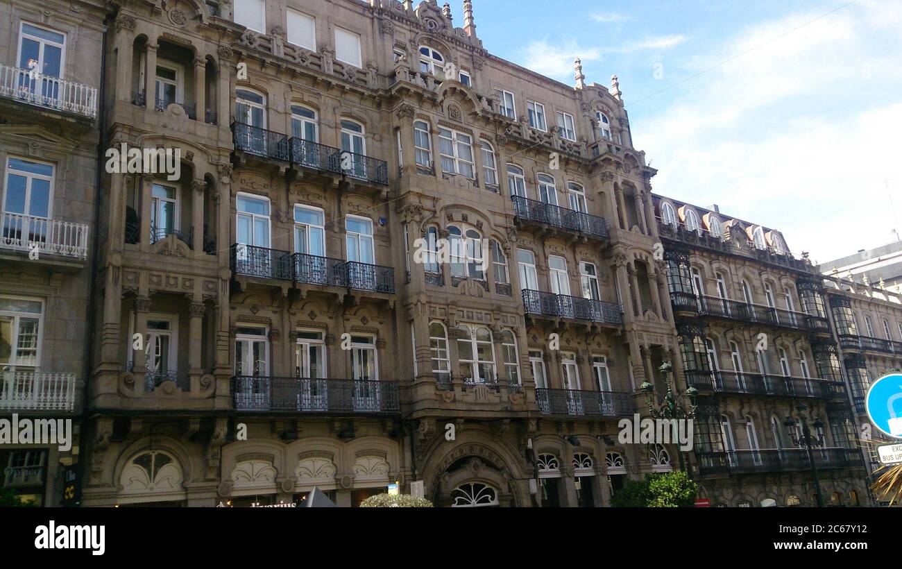 The stunning architecture of Vigo. Spain, Galicia. Old buildings, port ...