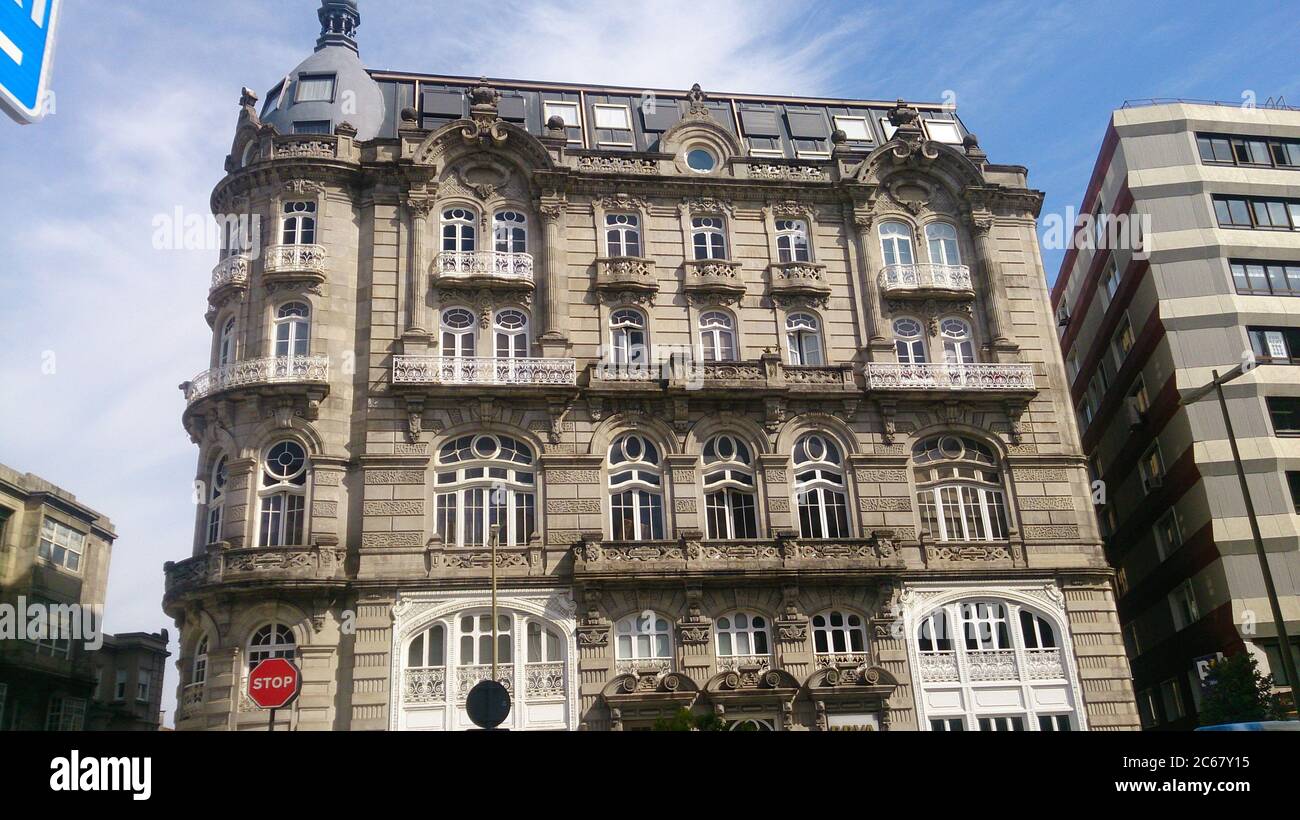 The stunning architecture of Vigo. Spain, Galicia. Old buildings, port ...