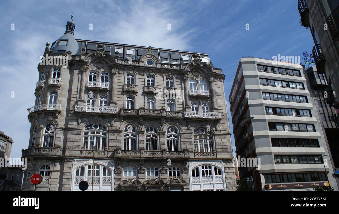The stunning architecture of Vigo. Spain, Galicia. Old buildings, port ...
