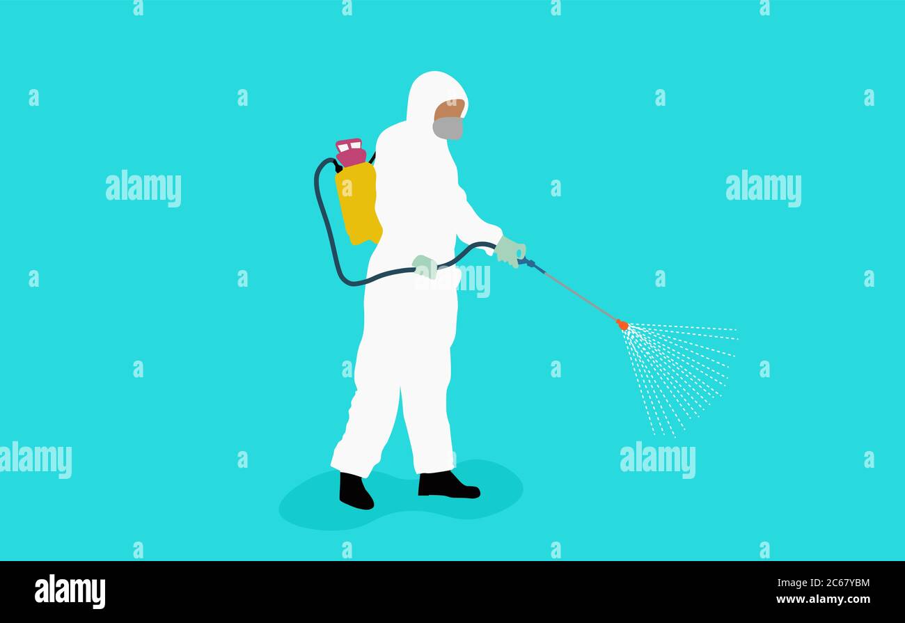 Vector Illustration. Men in protective suit spraying disinfectant ...