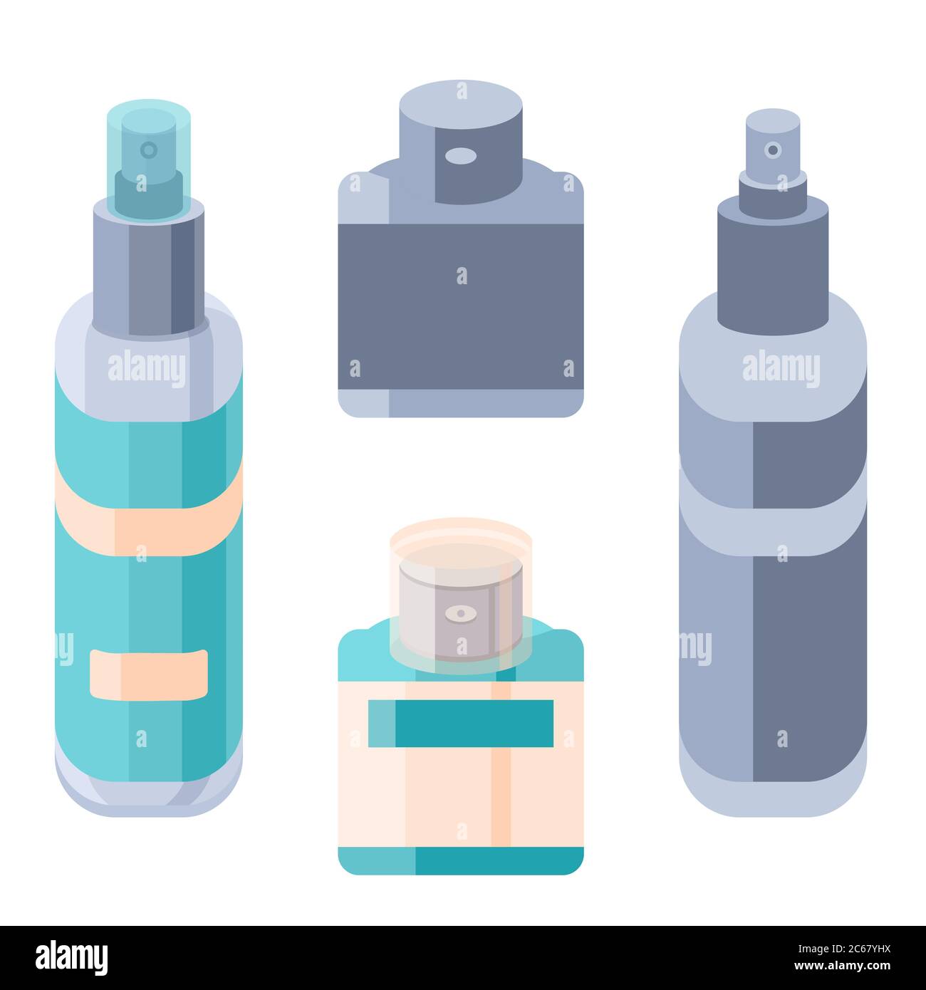 Disinfectant sticker set on white isolated backdrop. Body care spray ...