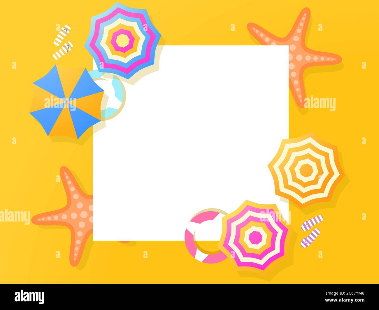Summer frame. Beach, top view. Beach umbrella and starfish on the sand ...