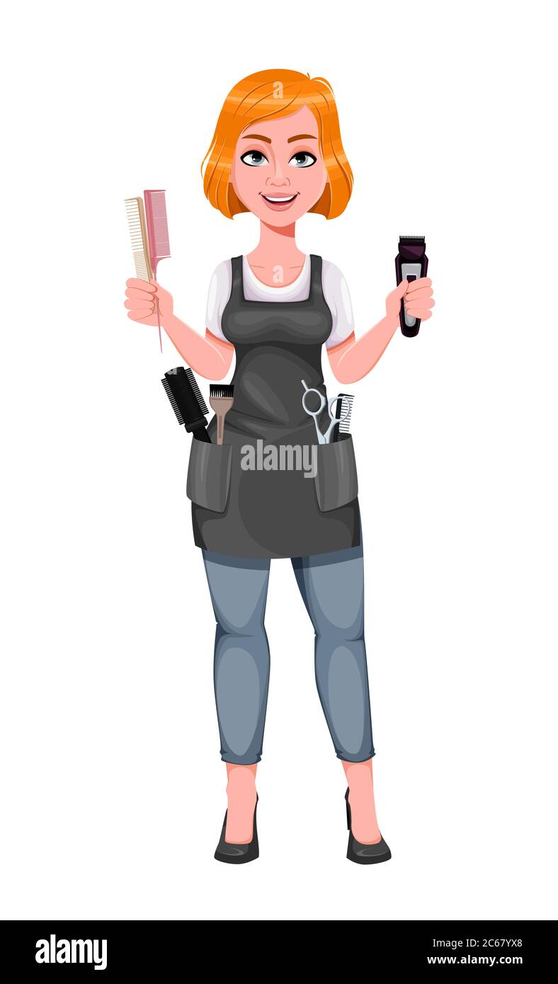 Beautiful redhead girl hairdresser holds electric shaver. Cute woman ...