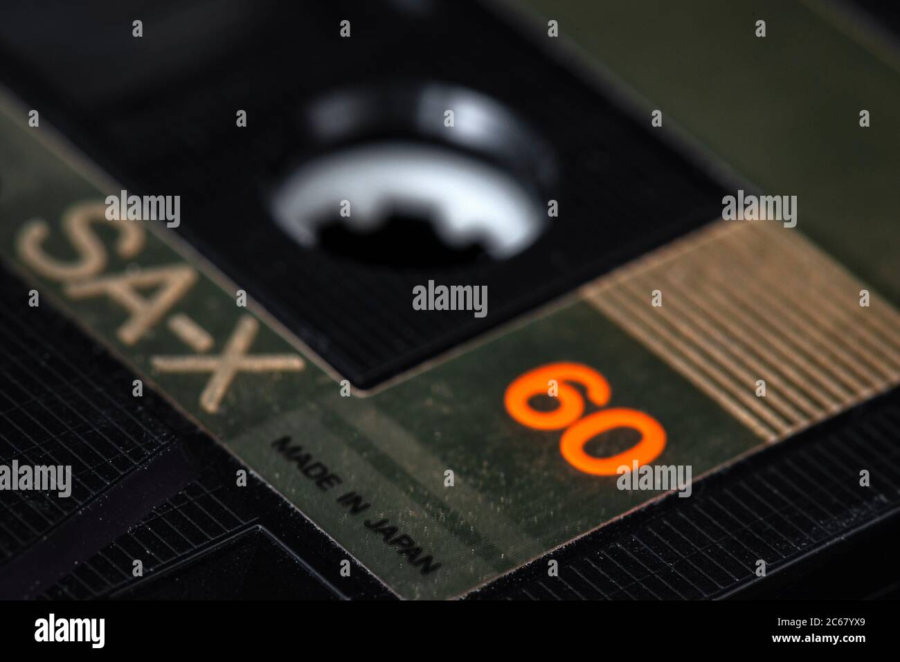 Made in Japan writing on a classic old audio cassette tape close up ...