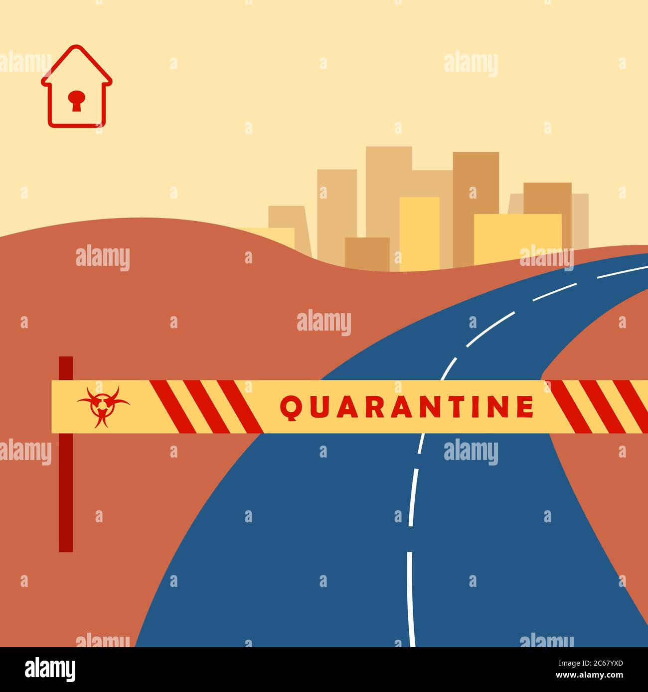 Quarantine text on yellow tall gate with empty road. City scape ...